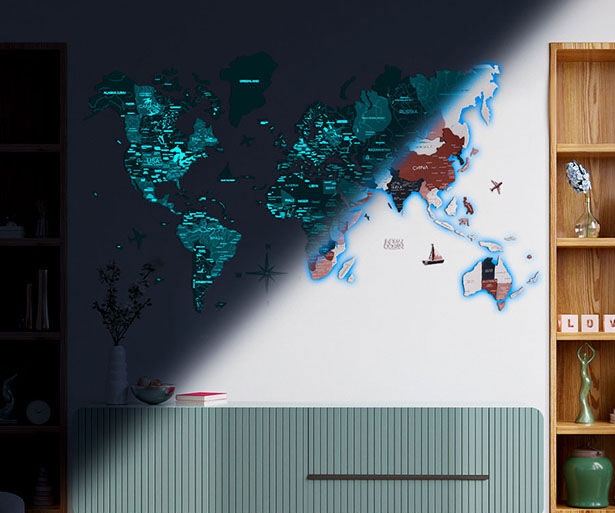 3D Luminous Colored Wooden World Map