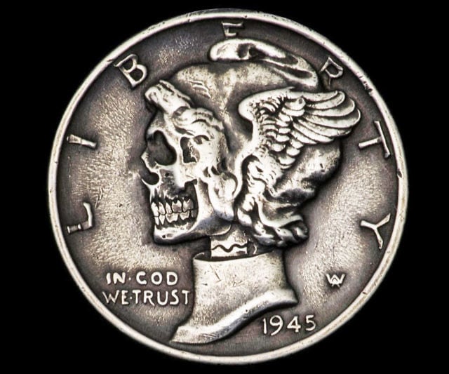 Hand Carved Silver Mercury Skull Coin